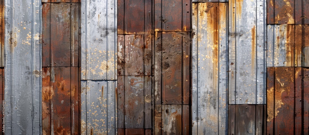 The aged galvanized metal sheet with rusted areas creates an ...
