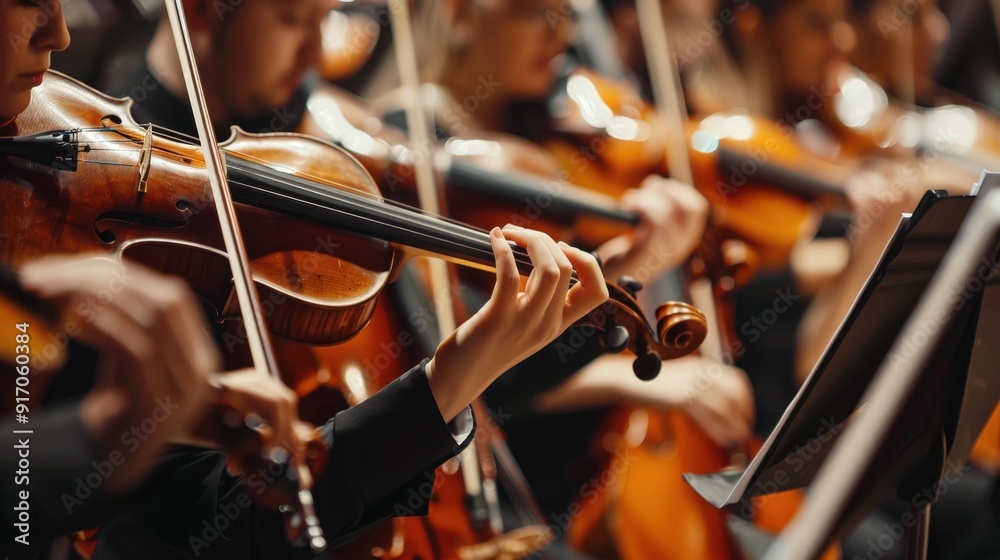 Describe a symphony orchestra in the midst of performing a grand piece ...