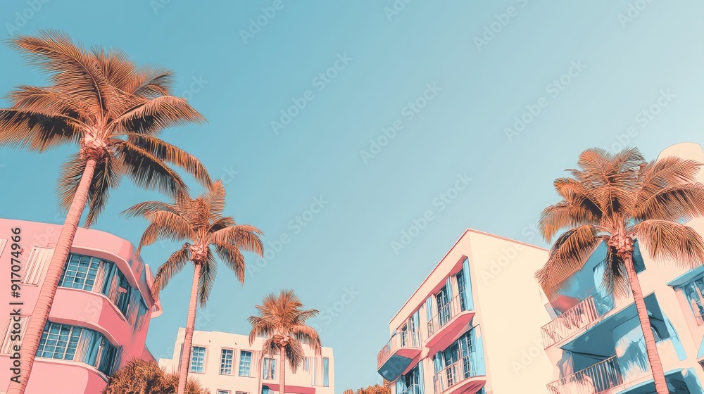 Miami Summer Vibes retro illustration. Vintage pink and blue colors ...