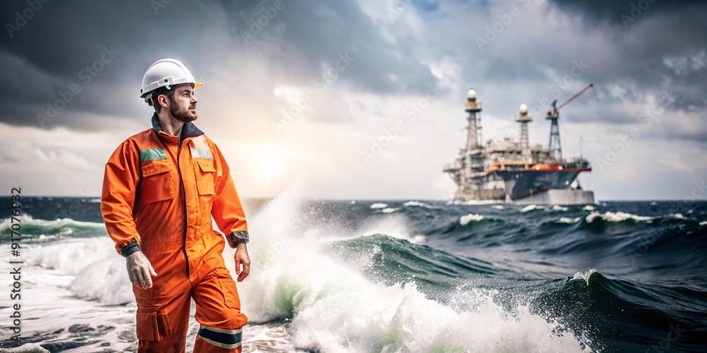 Offshore Oil Worker Braving the Elements. A lone offshore oil worker in ...