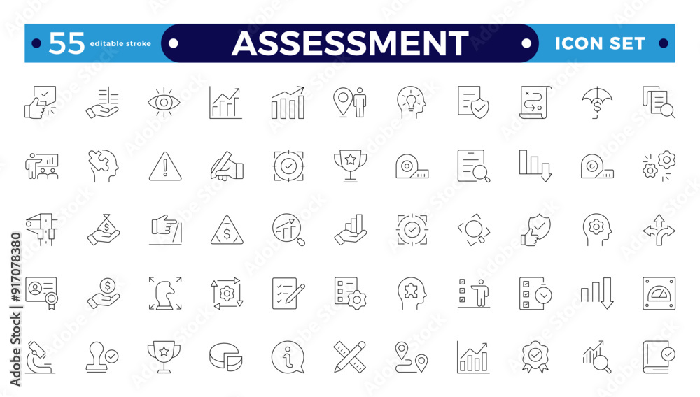 Assessment icons set. Editable stroke outline icon with goals, results ...