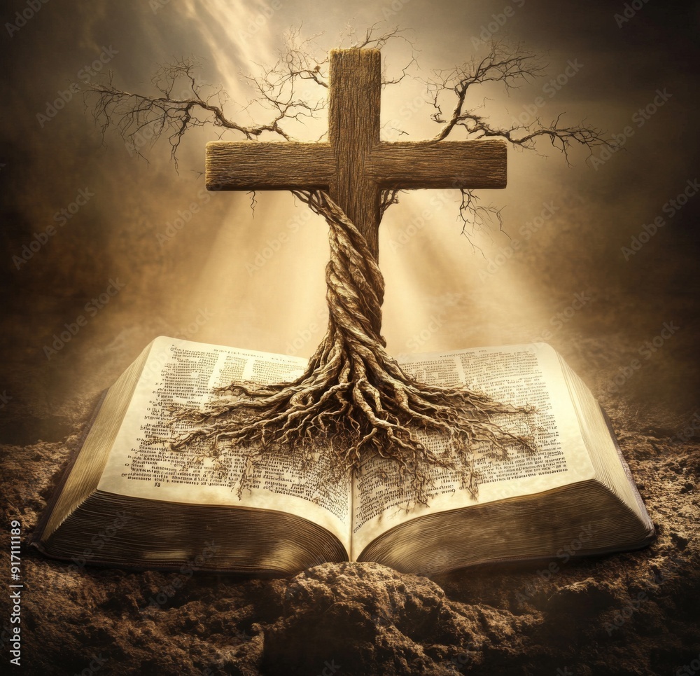Faith's Deep Roots: The Cross Intertwined with Roots on an Open Bible ...