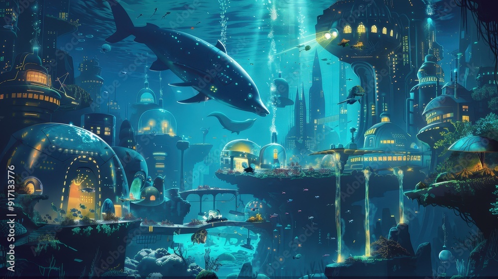 Design a vector image of a futuristic underwater city. What structures ...