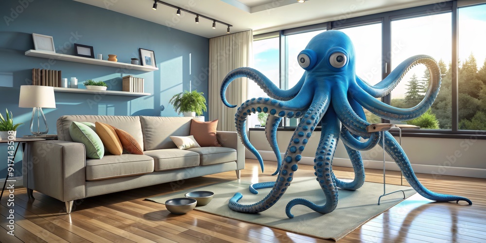 Octopus Invasions 3D Render of an Octopus in a Living Room, 3D ...