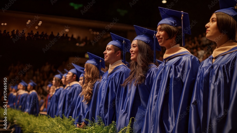 Graduates in Blue Gowns Standing Proudly During Commencement Ceremony ...