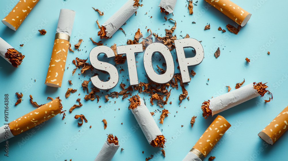 Broken cigarette scattered tobacco with text STOP on a light blue ...