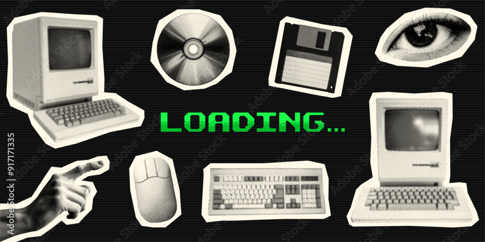 retro computer set technology concept collage design with desktop ...