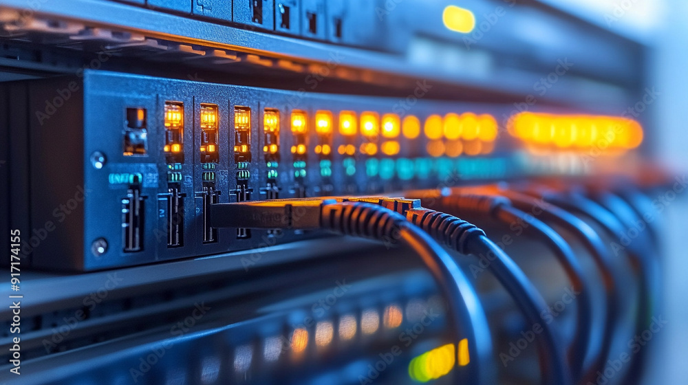 modern server room with neatly organized internet cables and wires ...