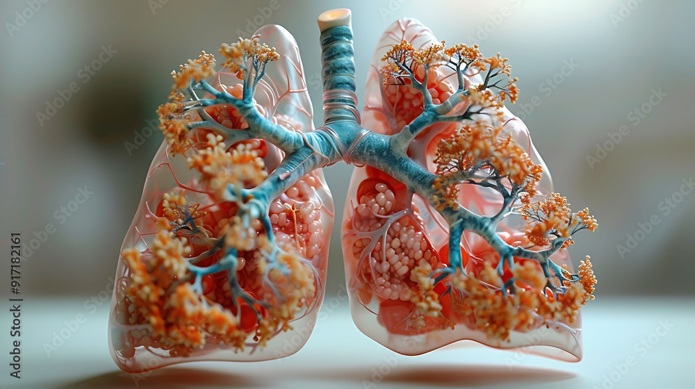 Anatomical illustration of respiratory system showing detailed ...