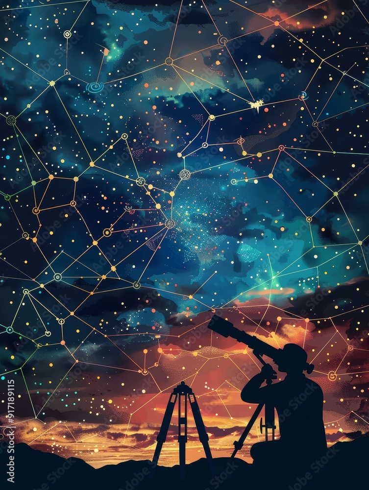 Astronomer Double exposure 2D flat with observer silhouette gazing ...