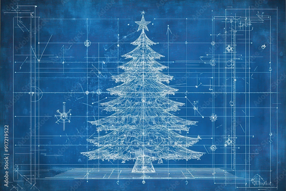Christmas tree blueprint on blue background Stock Illustration | Adobe ...