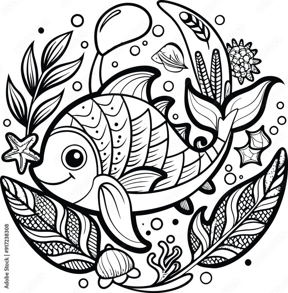 Sea Life Coloring Pages for Kids and KDP Interior. Cute Fish Coloring ...