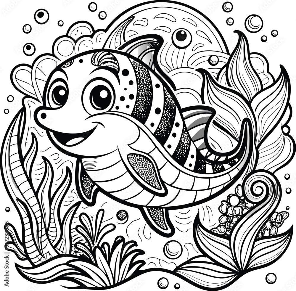 Sea Life Coloring Pages for Kids and KDP Interior. Cute Fish Coloring ...
