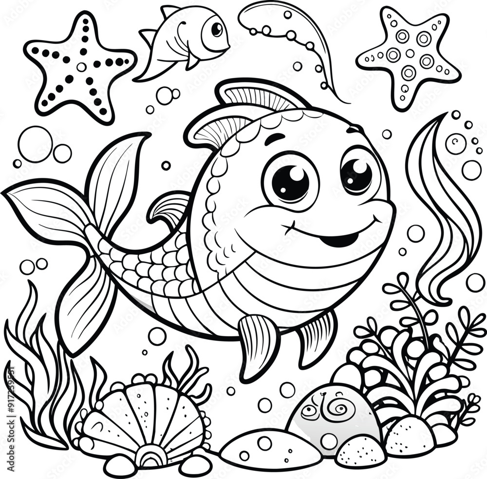 Sea Life Coloring Pages for Kids and KDP Interior. Cute Fish Coloring ...
