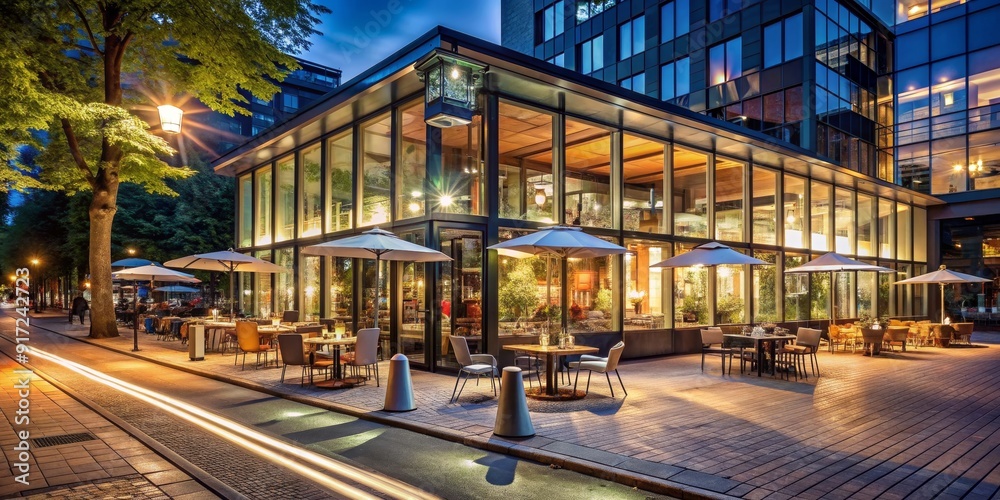 Nighttime Cityscape Restaurant Patio with Glass Facade, Urban Design ...