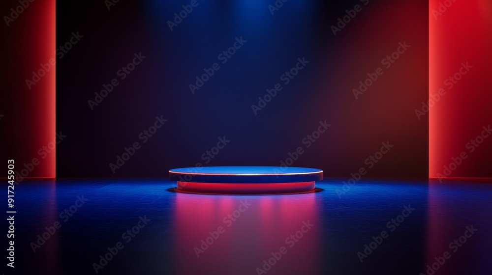 An empty game show set featuring a sleek pedestal, glossy floor, and ...