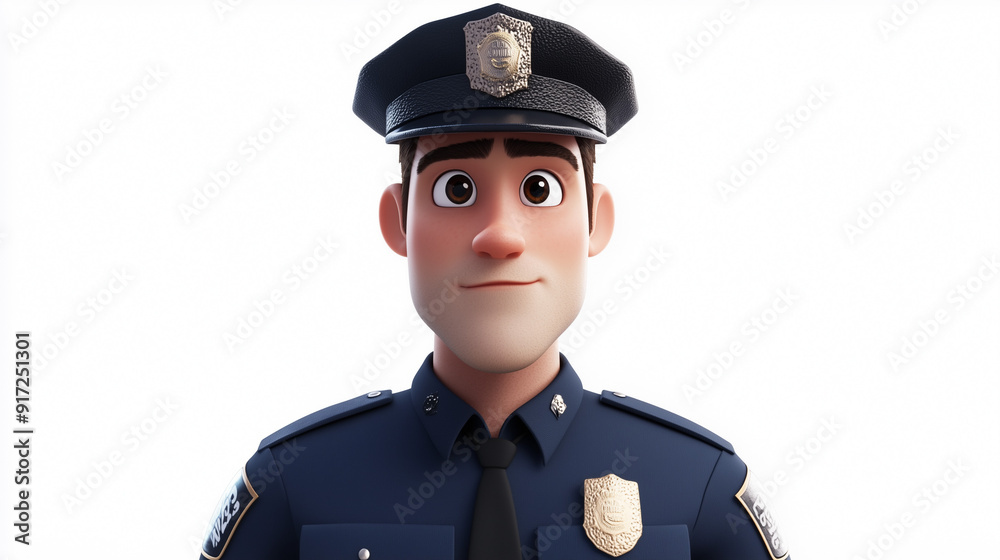 3d rendered cartoon young police officer in uniform with a serious ...