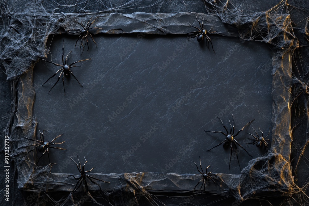 Spooky black frame adorned with spider webs and realistic spiders ...