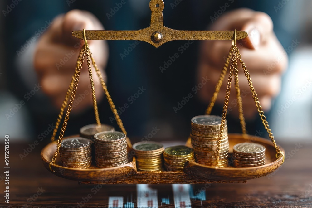 Businessman Holding Wooden Balance Scale with Coins on Office Desk ...