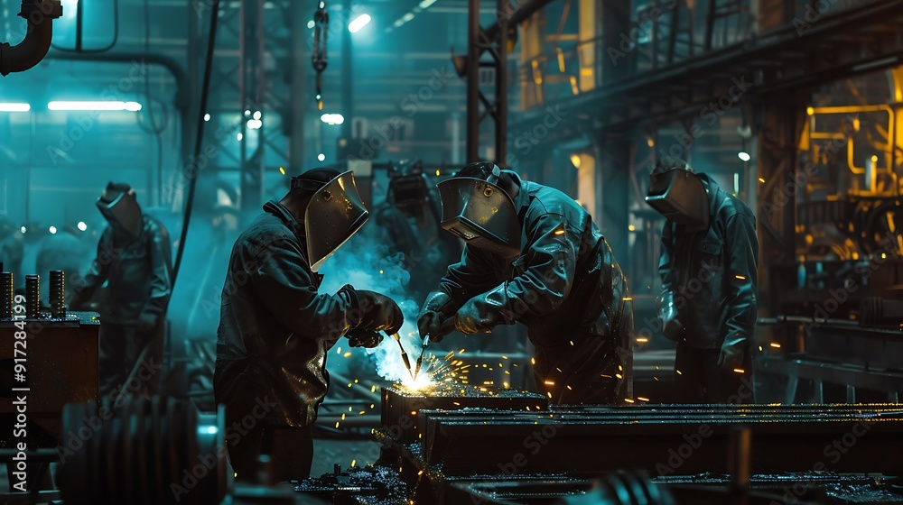 people welding something in a factory with their suits and protections ...