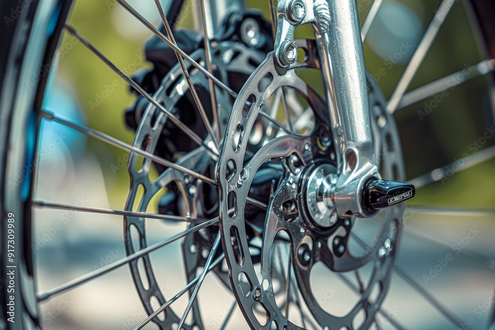 Close-up of a bicycle disc brake on a wheel with detailed view of the ...