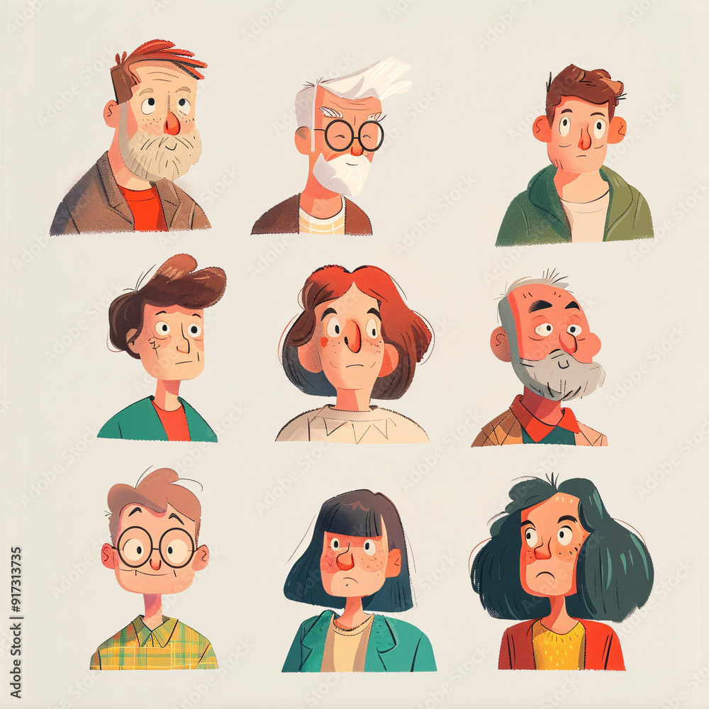 Diverse faces drawn, bright portraits on light canvas, modern art ...