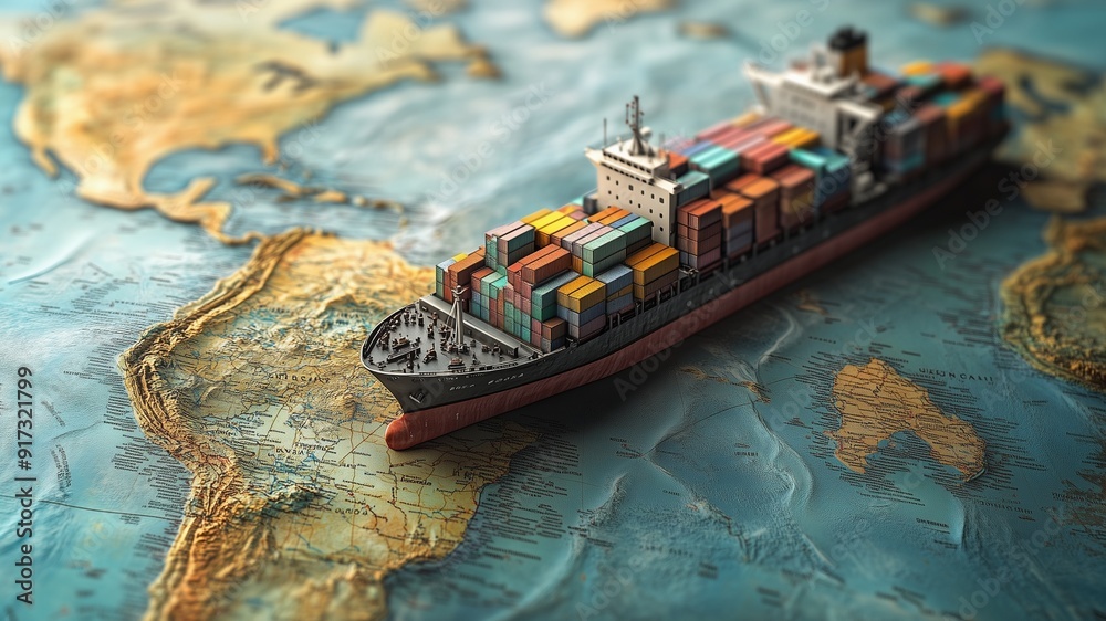 Container ship model on world map , transcontinental transportation or ...