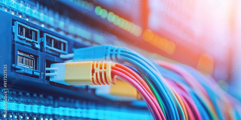 Telecommunication Ethernet multicolored Cables Connected to Internet ...