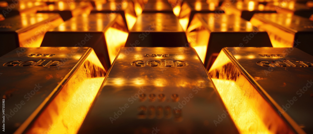 Many gold bars, lot of shiny golden ingots in bank vault, much money bricks in dark room ...