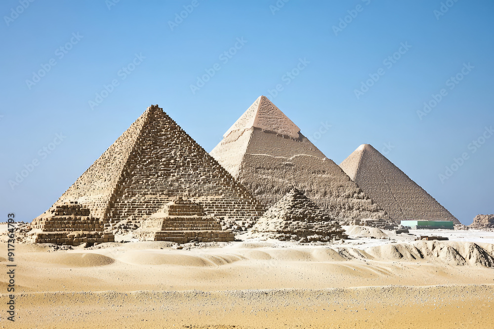 The iconic Great Pyramids of Giza under a bright blue sky, showcasing ...