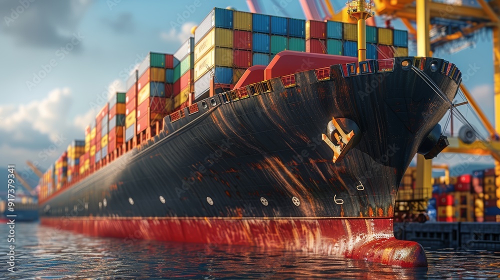 Large cargo ship loading containers at a bustling port in bright ...