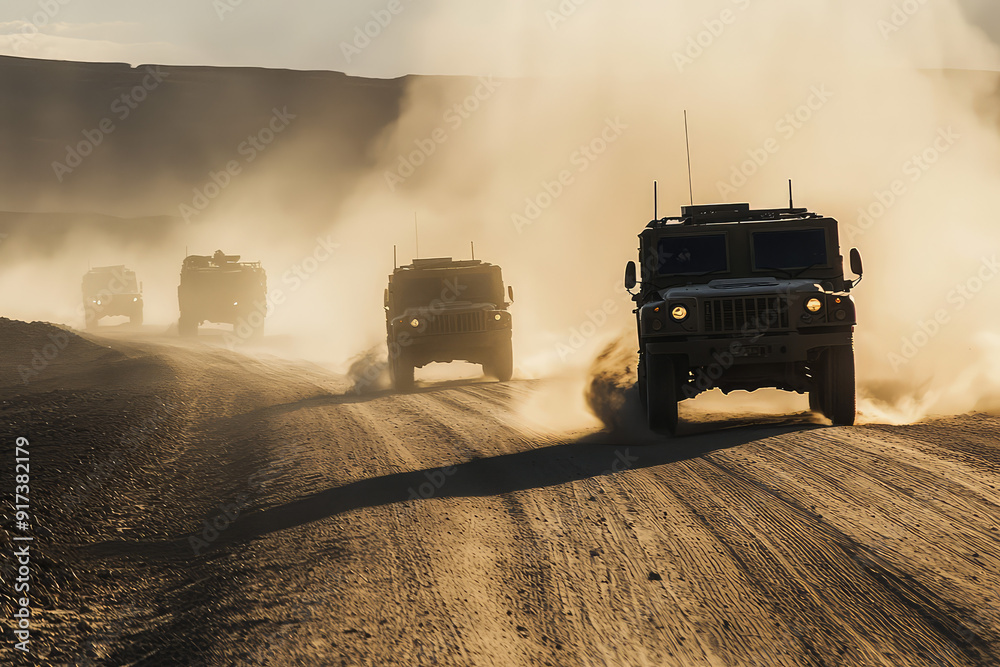 Military vehicles stir up dust as they rumble through an arid desert ...