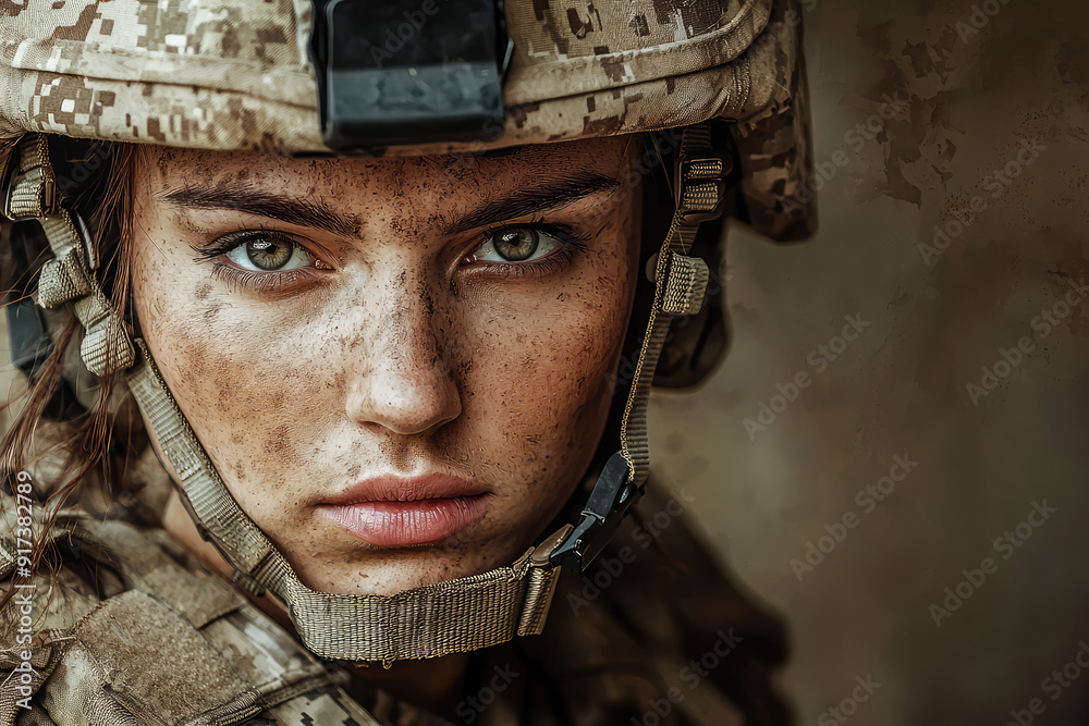 Battle-hardened female soldier with intense gaze, grime-covered face ...