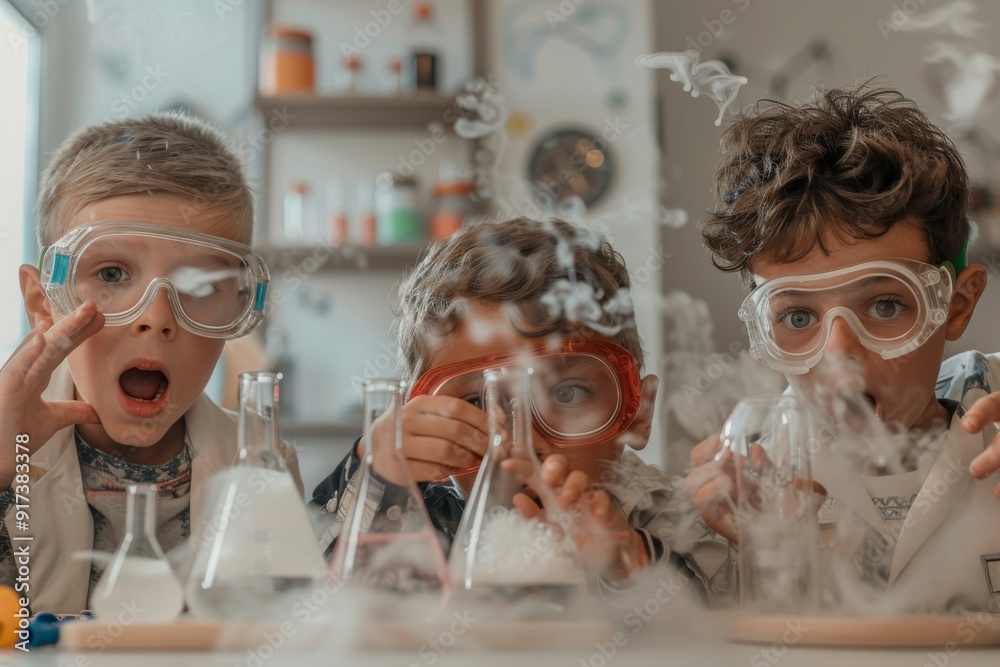 Three excited children, wearing safety goggles, engage in a fun science ...
