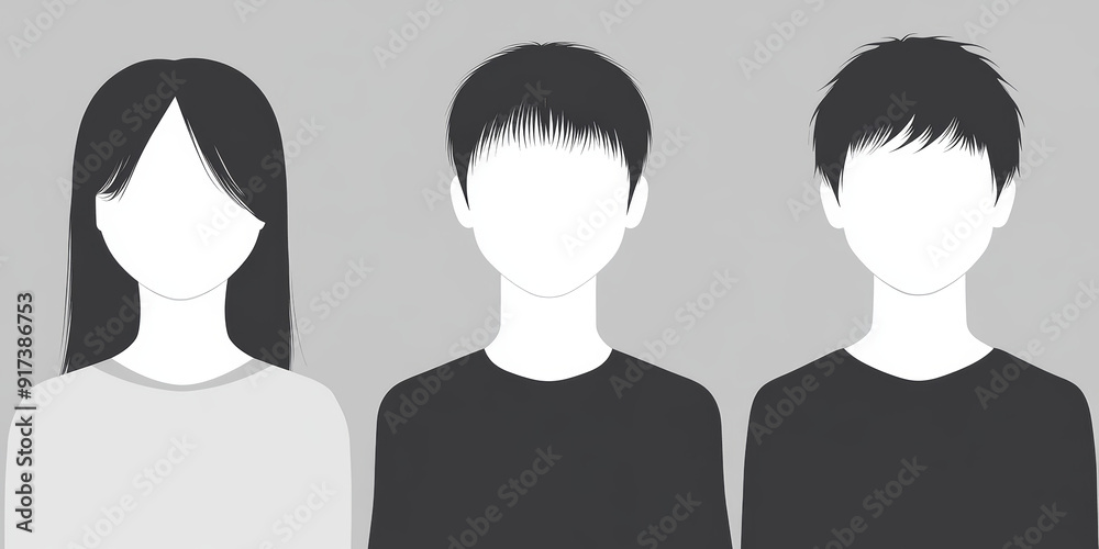 3 gray and white simple avatar images of men, women, boys and girls ...