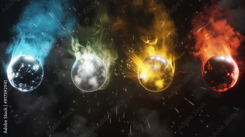 Four glowing orbs with distinct colors and effects that suggest ...