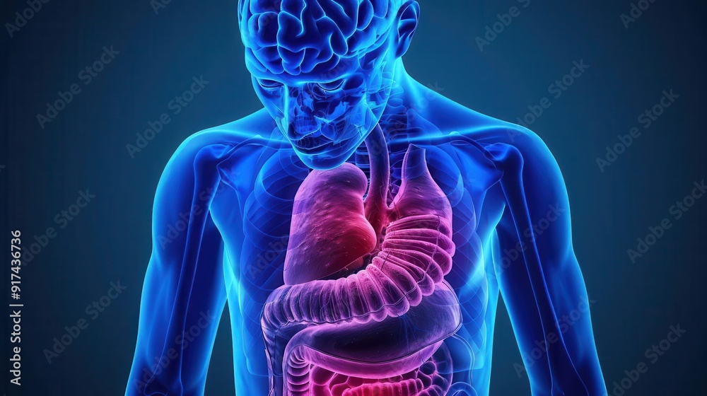 Anatomical illustration of the human body showcasing the brain and ...