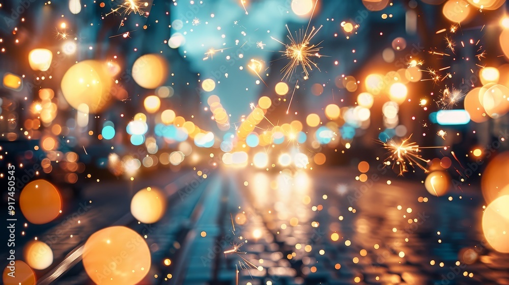 Festive nighttime parade with sparkling pyrotechnics, deep depth of ...