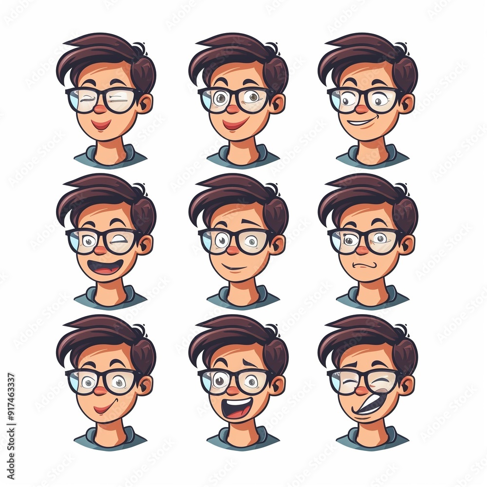 Cartoon Boy with Glasses Illustration Featuring Nine Different Facial ...