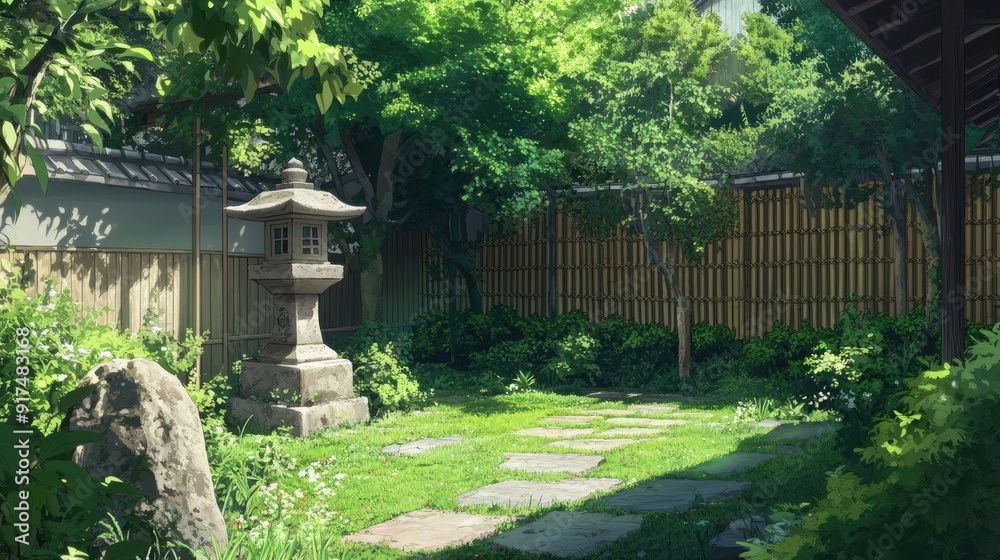 Anime-style backyard of a Japanese home featuring a traditional stone ...