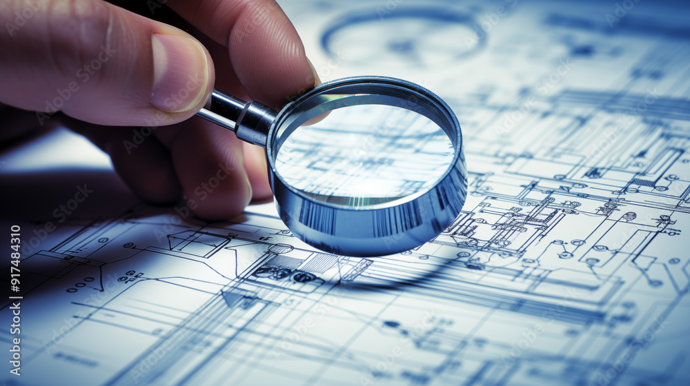 Hands Using Magnifying Glass To Inspect Technical Schematics On ...