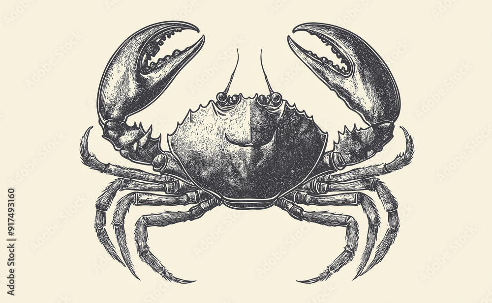 Seafood, crab. Vintage retro print, black white seafood crab sketch ink ...
