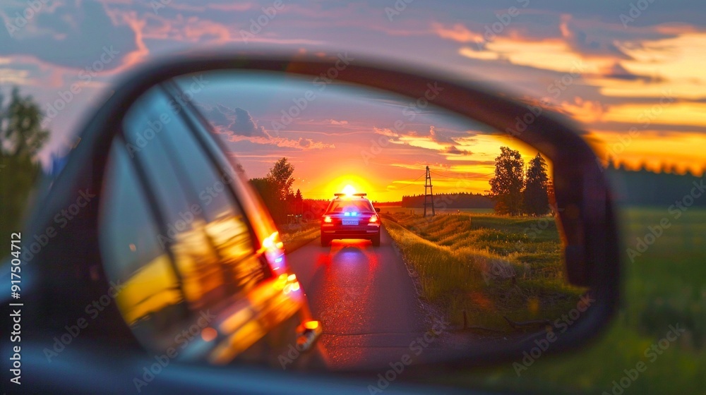 Reflection of a police car with blue and red flashing lights in a car ...