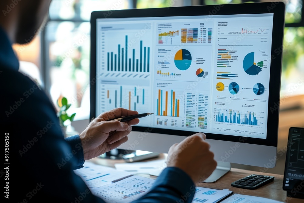 Business finance data analytics male worker analyzing graphs and charts ...