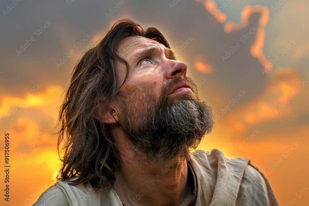 Spiritual reverence: Jesus Christ prays to god father, depicting ...