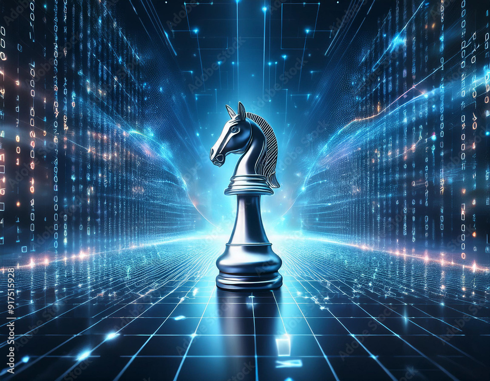Knight Chess Piece Charging Forward on a Grid of Binary Code with Futuristic Digital Theme Stock ...