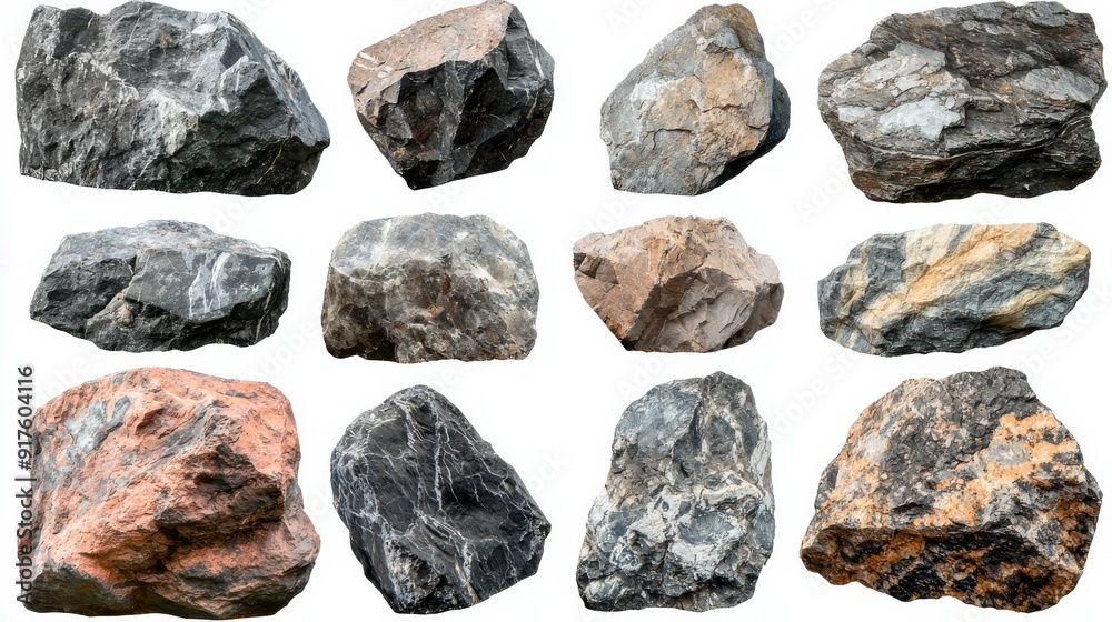 Collection set of big and long hard rock boulder stone on transparent ...
