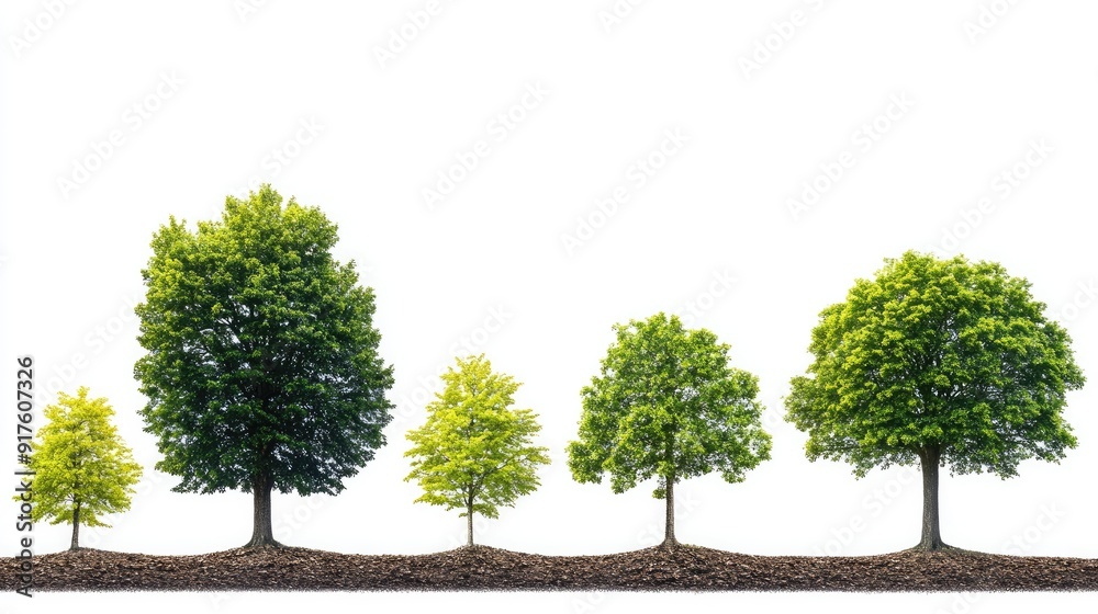 Growth stages of a tree, illustrated from seedling to large tree, showing development clearly ...