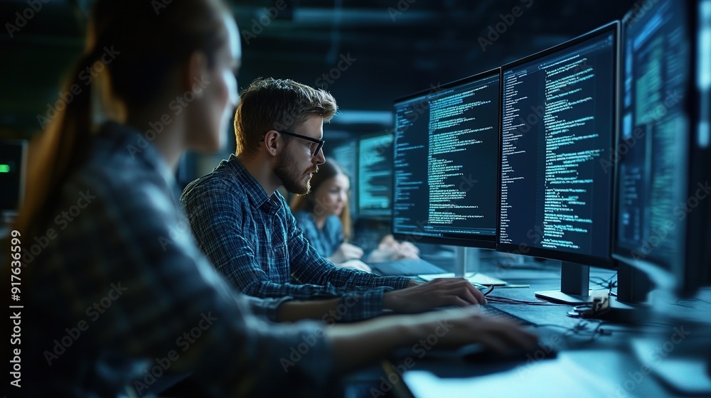 Decoding the Digital World: A team of focused software engineers navigate lines of code on ...