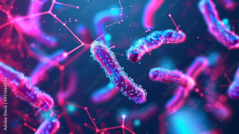 Microbes and pollutants forming a biofilm, with glowing holographic ...